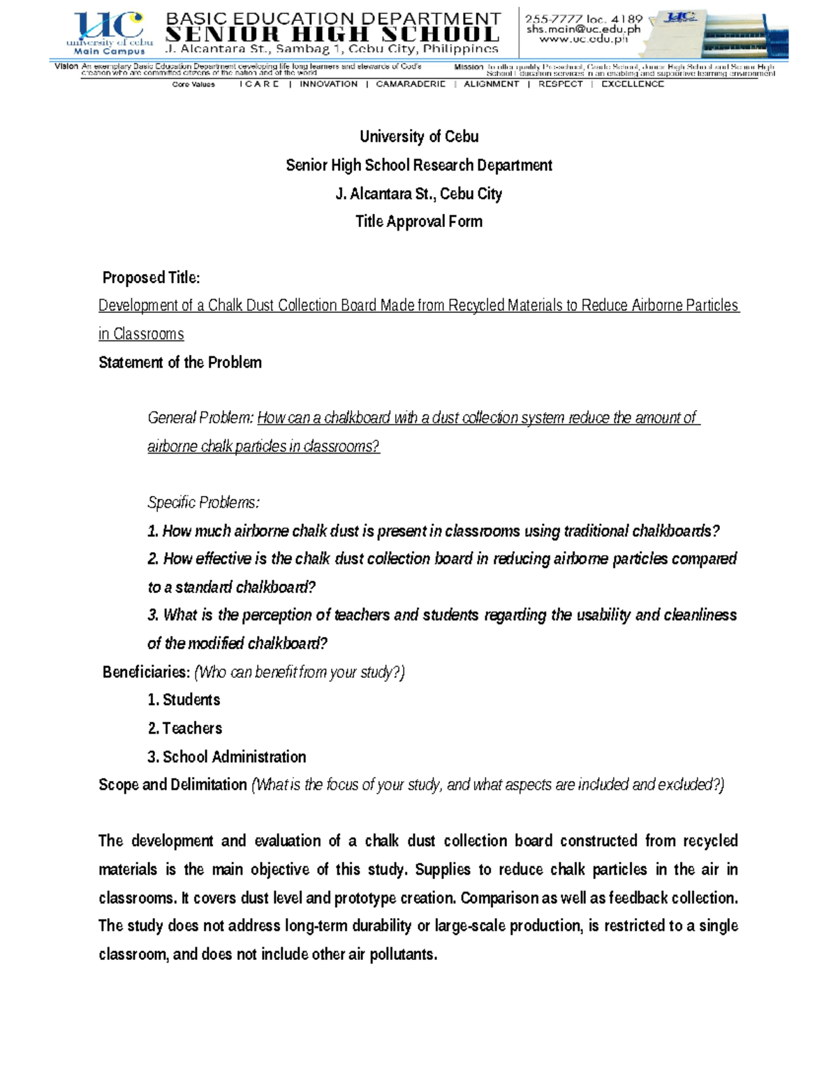 CHS 101: Research Proposal on Chalk Dust Collection Board Development ...