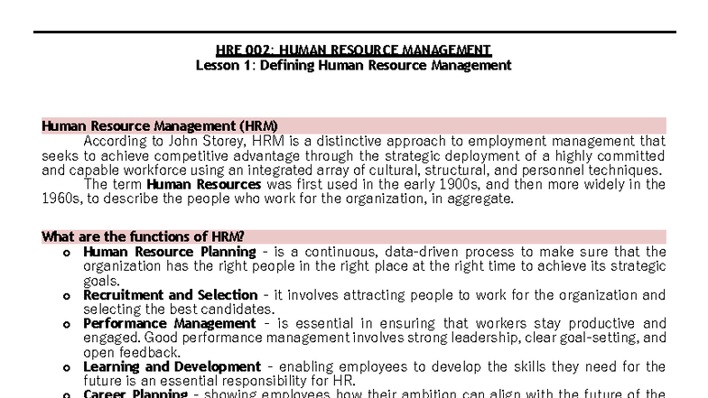 HRE 002: HUMAN RESOURCE MANAGEMENT Lesson 1 & 3 Overview and Key ...