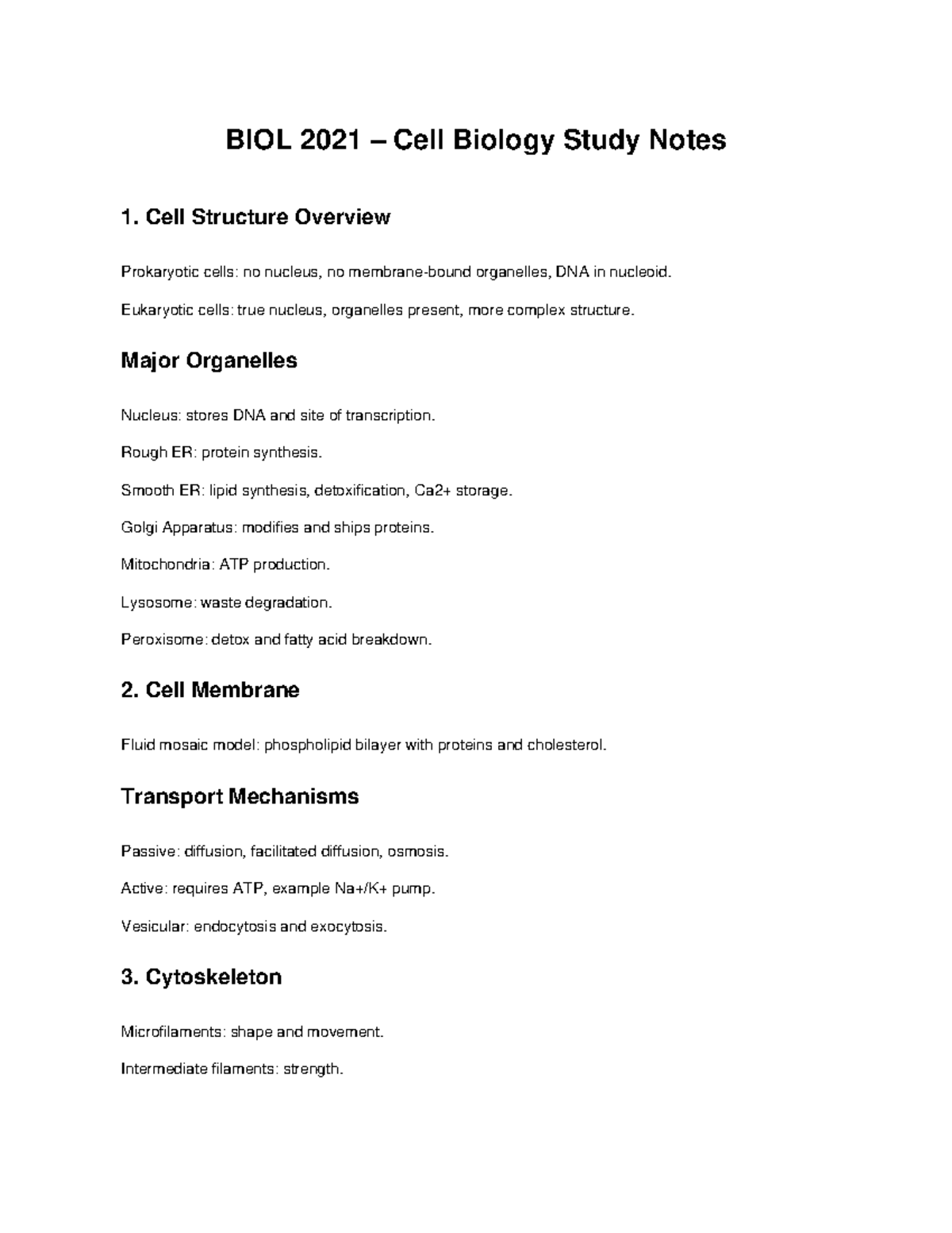 BIOL 2021 Comprehensive Cell Biology Study Notes - Studocu