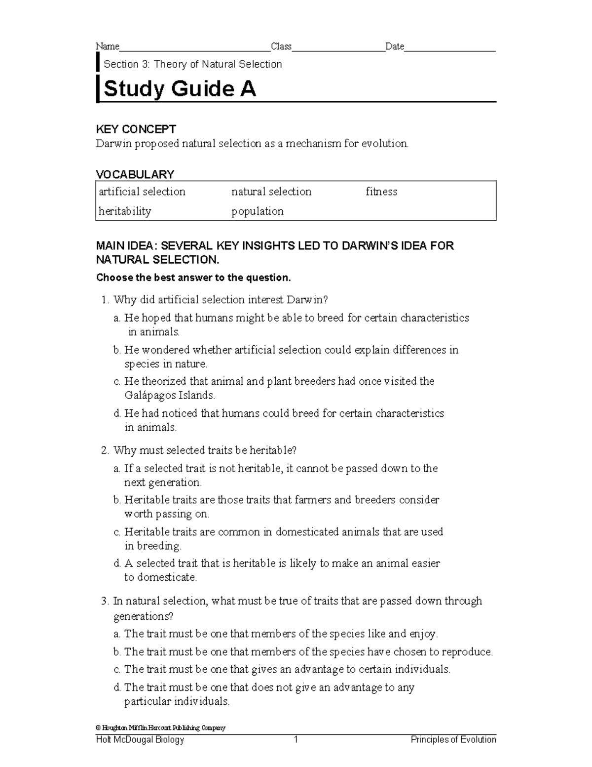 Biology 10-3 Study Guide on Natural Selection Principles - Studocu
