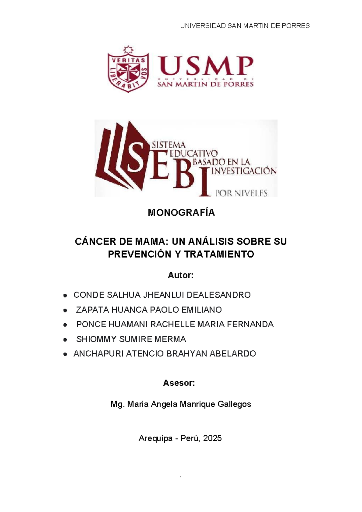 Monografía: Cáncer de Mama - Prevención y Tratamiento (USMP) - Studocu
