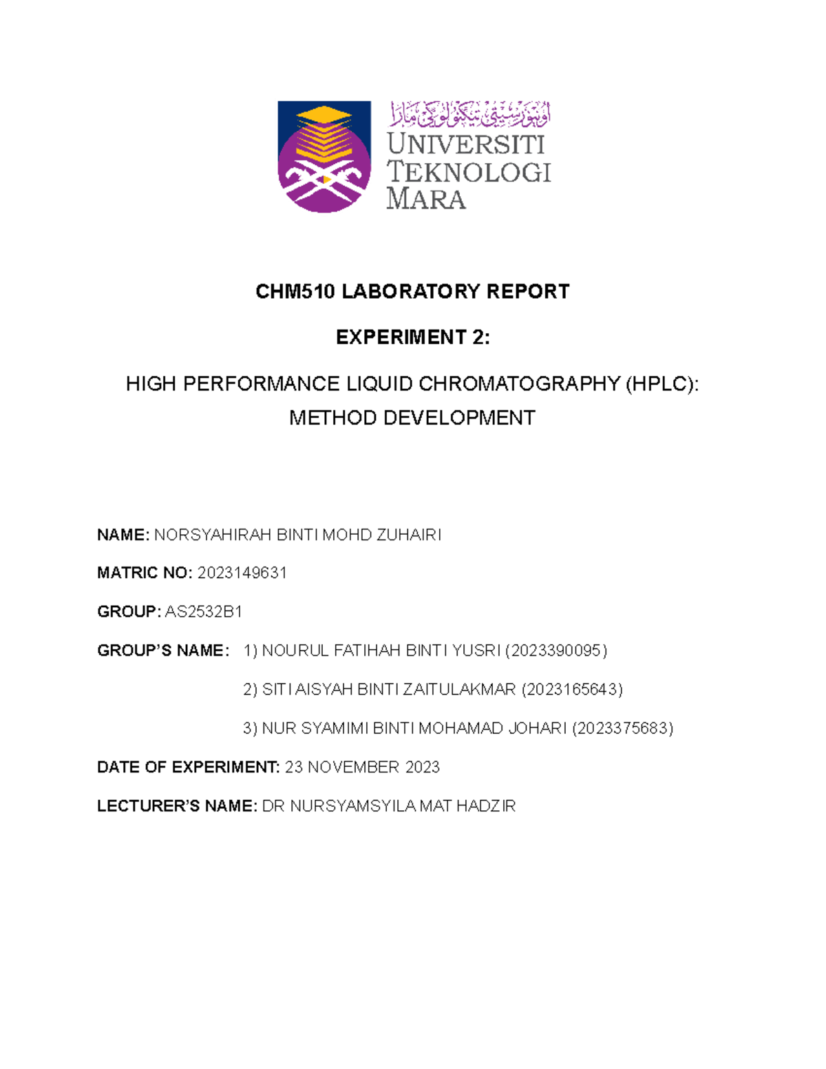 CHM510 Final Lab Report: HPLC Method Development Experiment 2 - Studocu