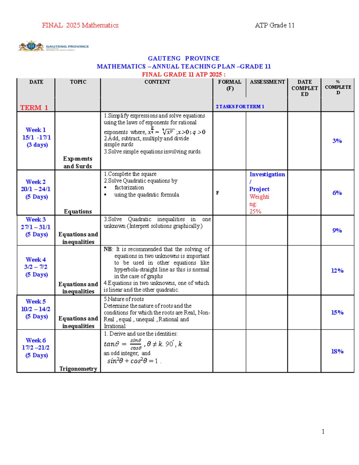 Grade 11 Maths ATP 2025 - Final Annual Teaching Plan - Studocu