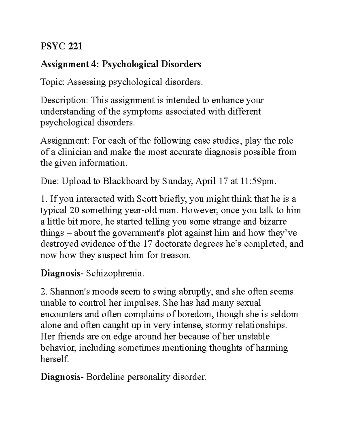 PSYC 221 - Assignment 4: Diagnosis of Psychological Disorders - Studocu