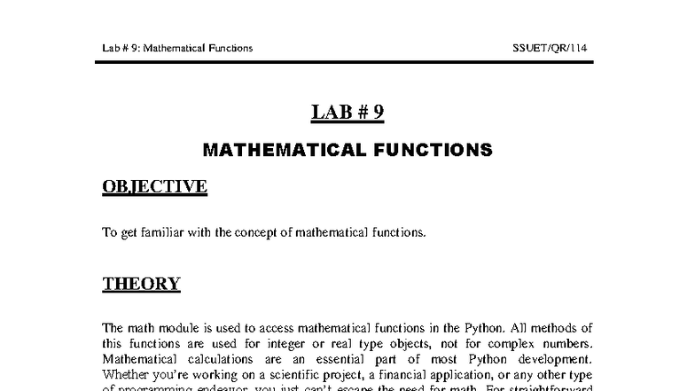 Lab 9: Exploring Mathematical Functions in Python - Studocu