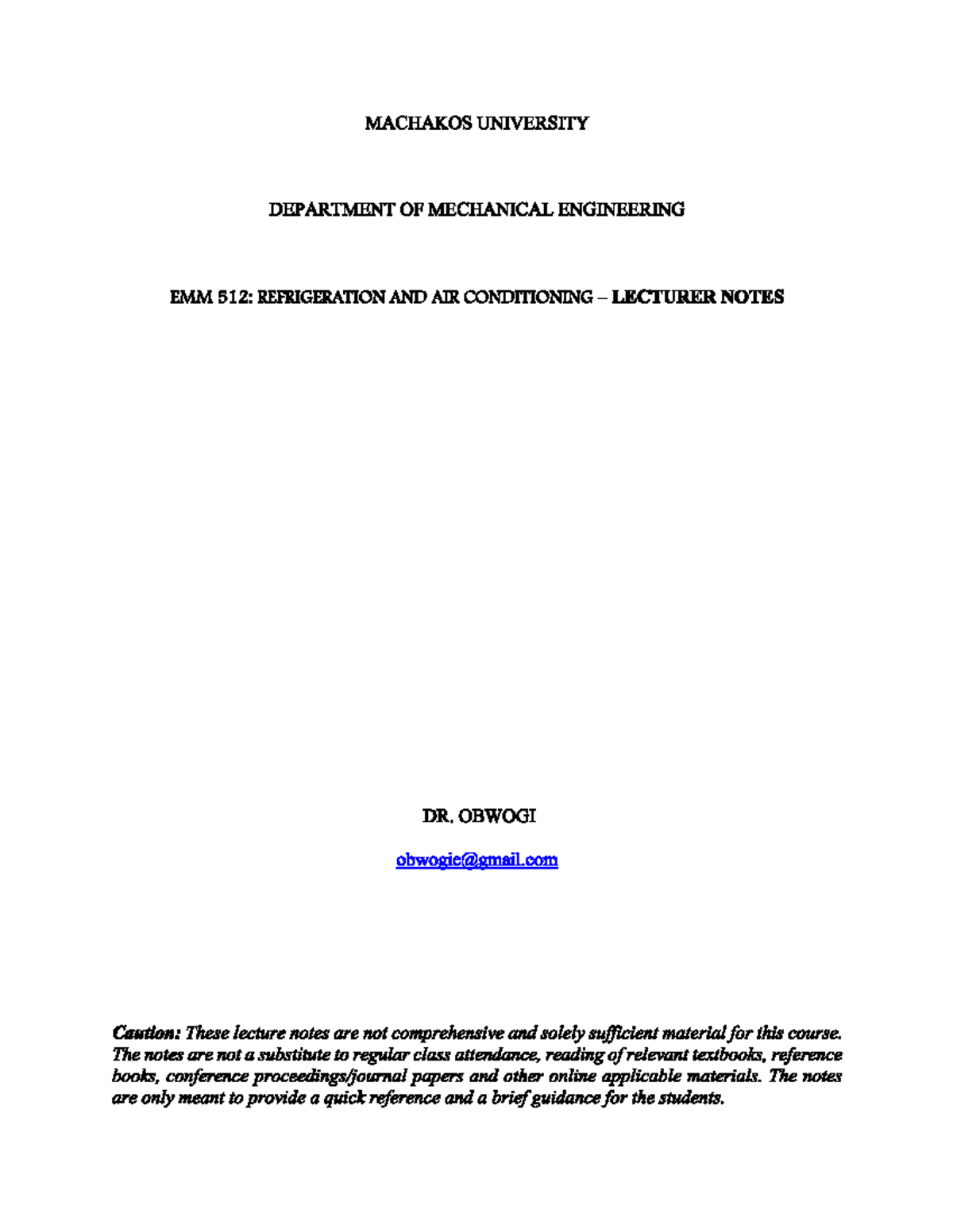 EMM 512: Lecture Notes on Refrigeration and Air Conditioning - Studocu