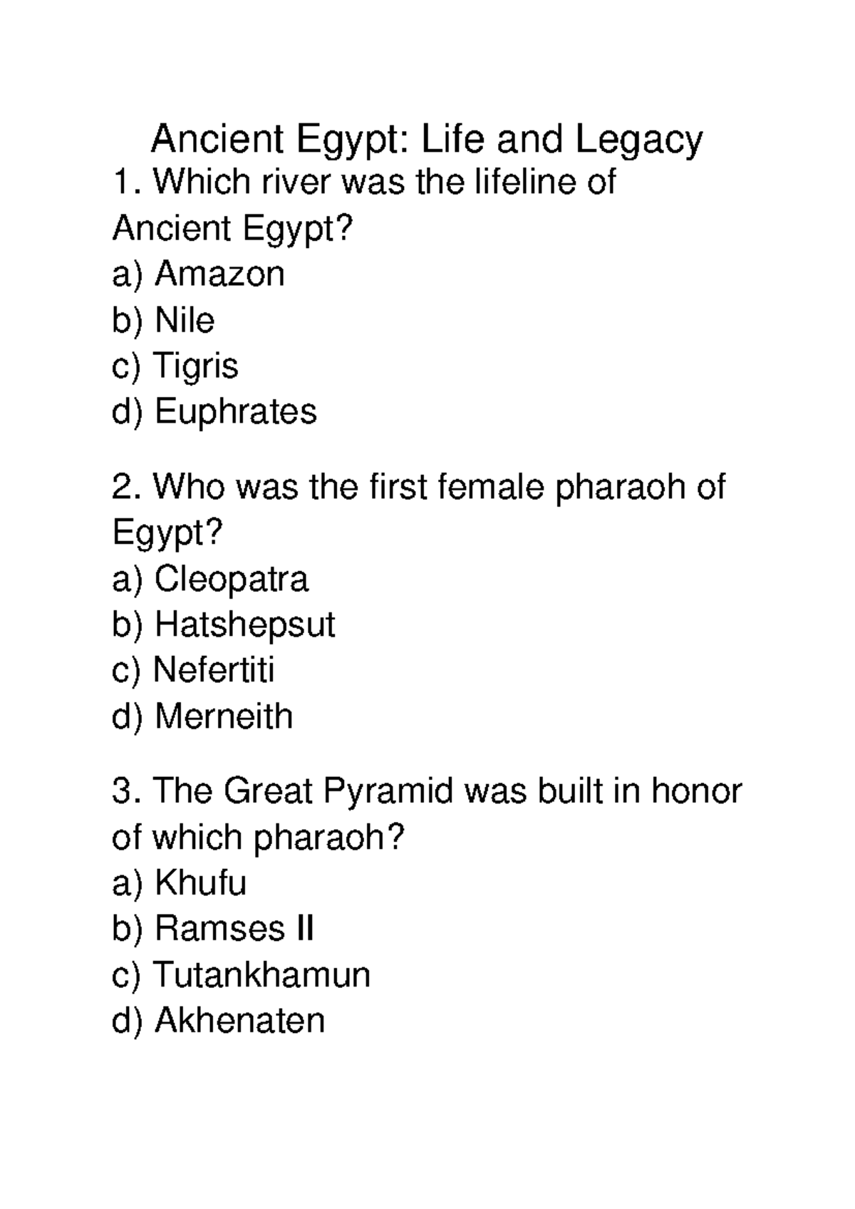 Ancient Egypt: Life & Legacy Quiz Questions and Answers - Studocu