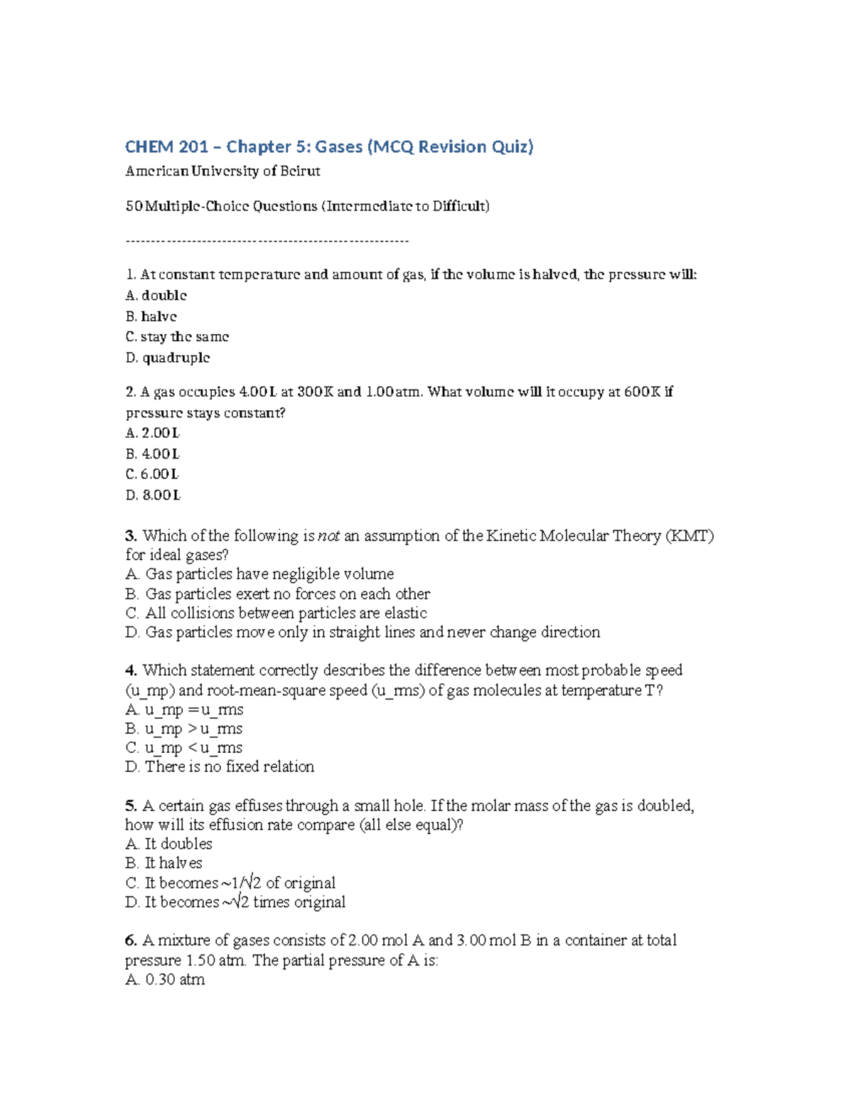 CHEM 201 Chapter 5: Gases MCQ Revision Quiz (50 Questions) - Studocu