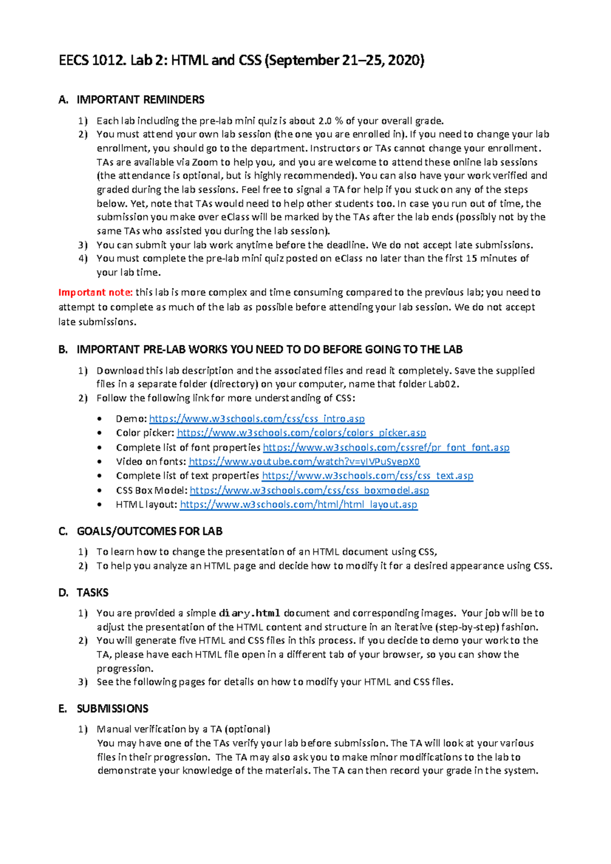 Lab02 information technology - EECS 1012. Lab 2: HTML and CSS ...
