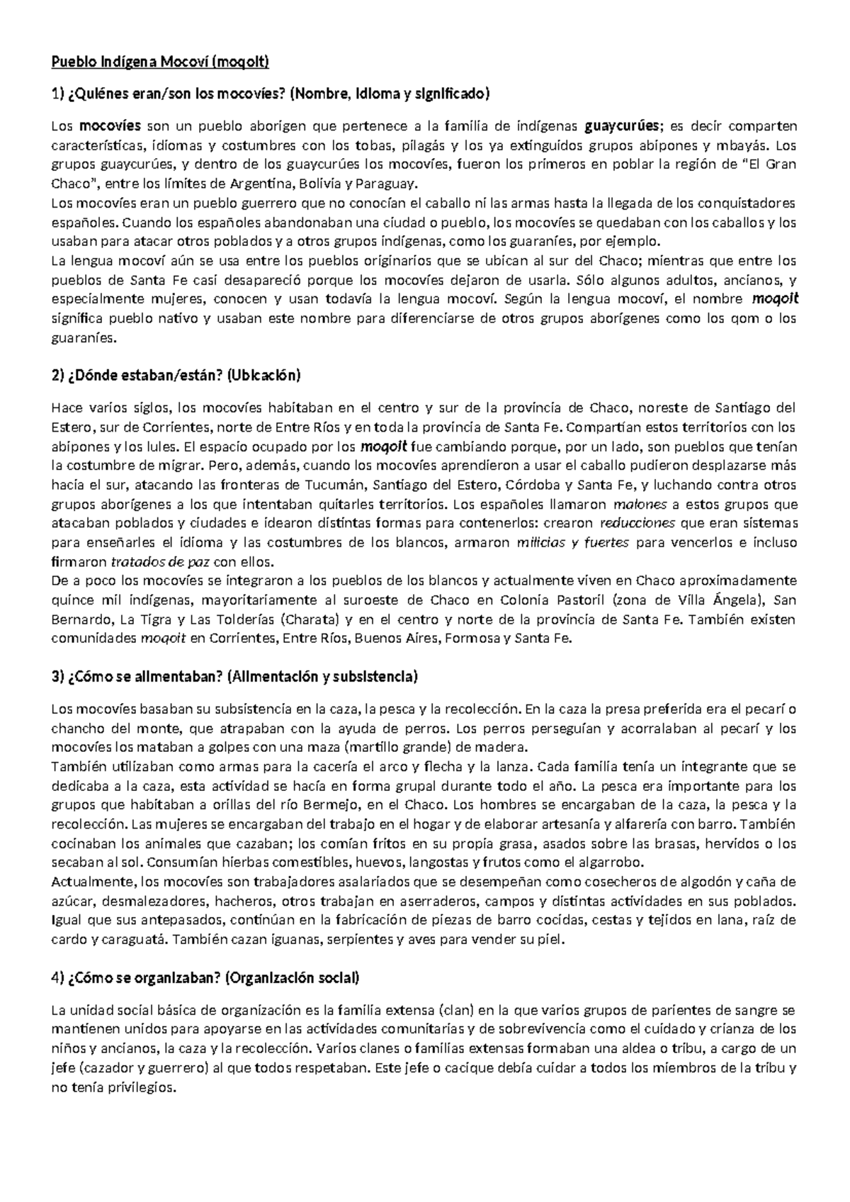 Resumen del Pueblo Indígena Mocoví: Historia y Cultura - Studocu