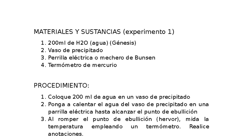 MATERIALES Y SUSTANCIAS: Experimentos 1 a 5 (Química) - Studocu