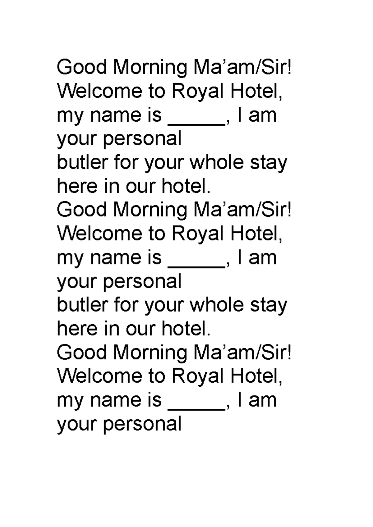 Butler Service Script for Royal Hotel - Guest Assistance Guide - Studocu