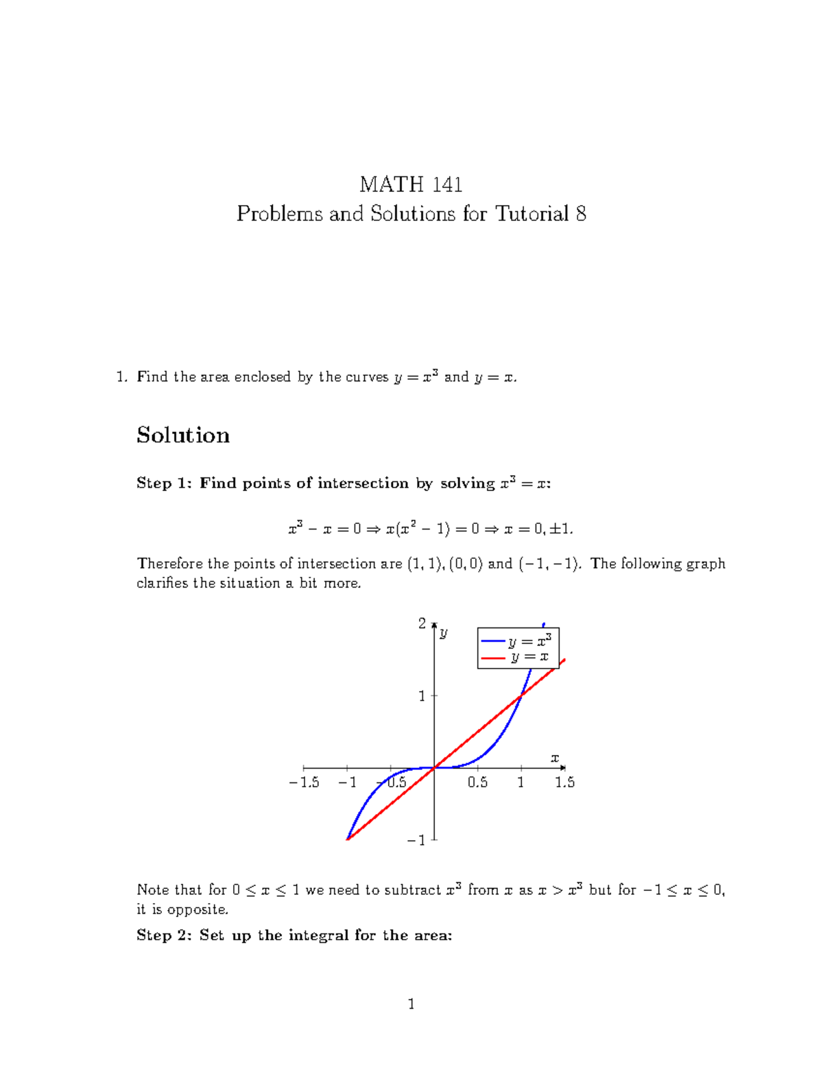 MATH 141 Tutorial 8: Area Between Curves Problems & Solutions - Studocu