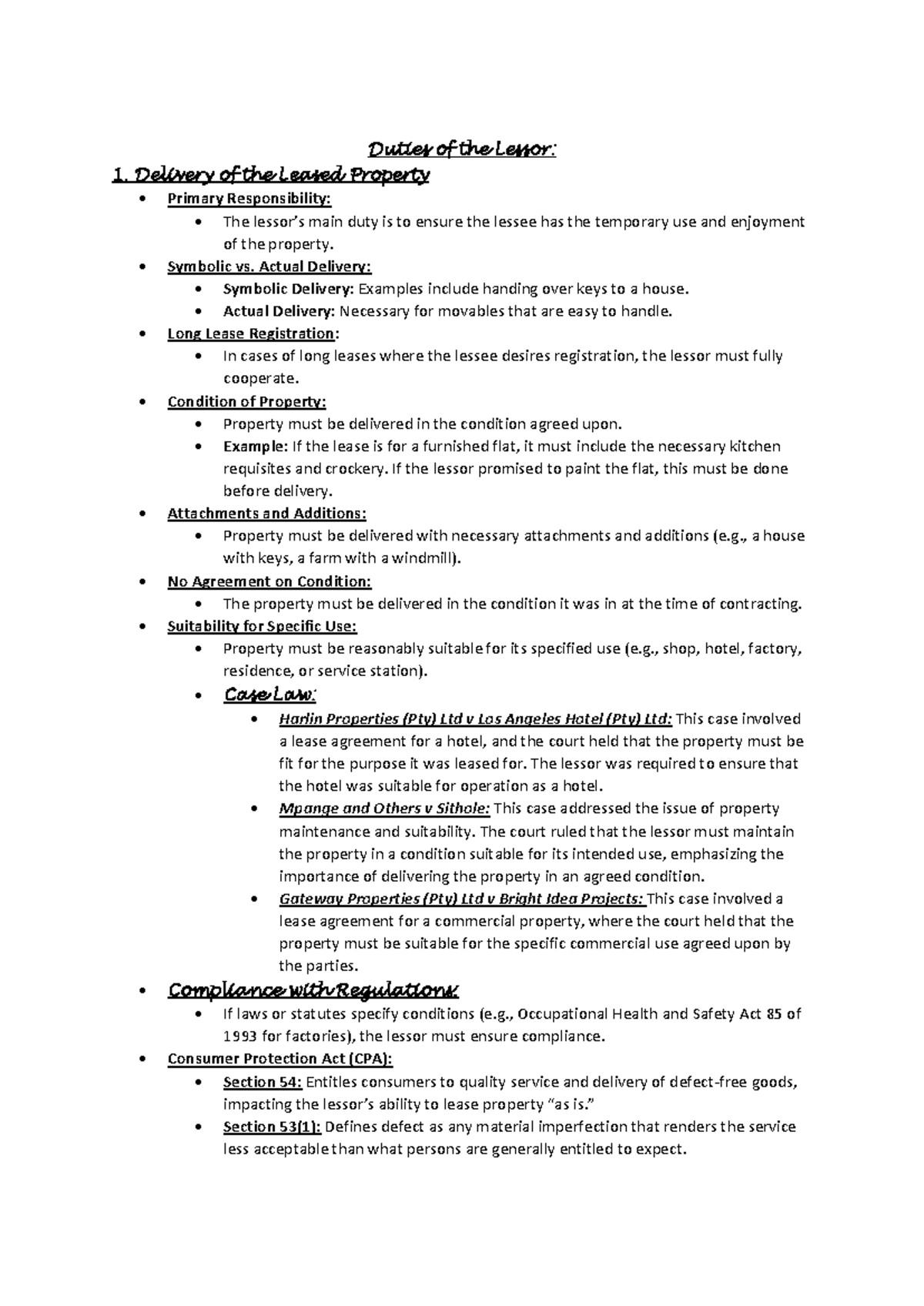 Duties of the Lessor: Key Responsibilities & Case Law Summary - Studocu