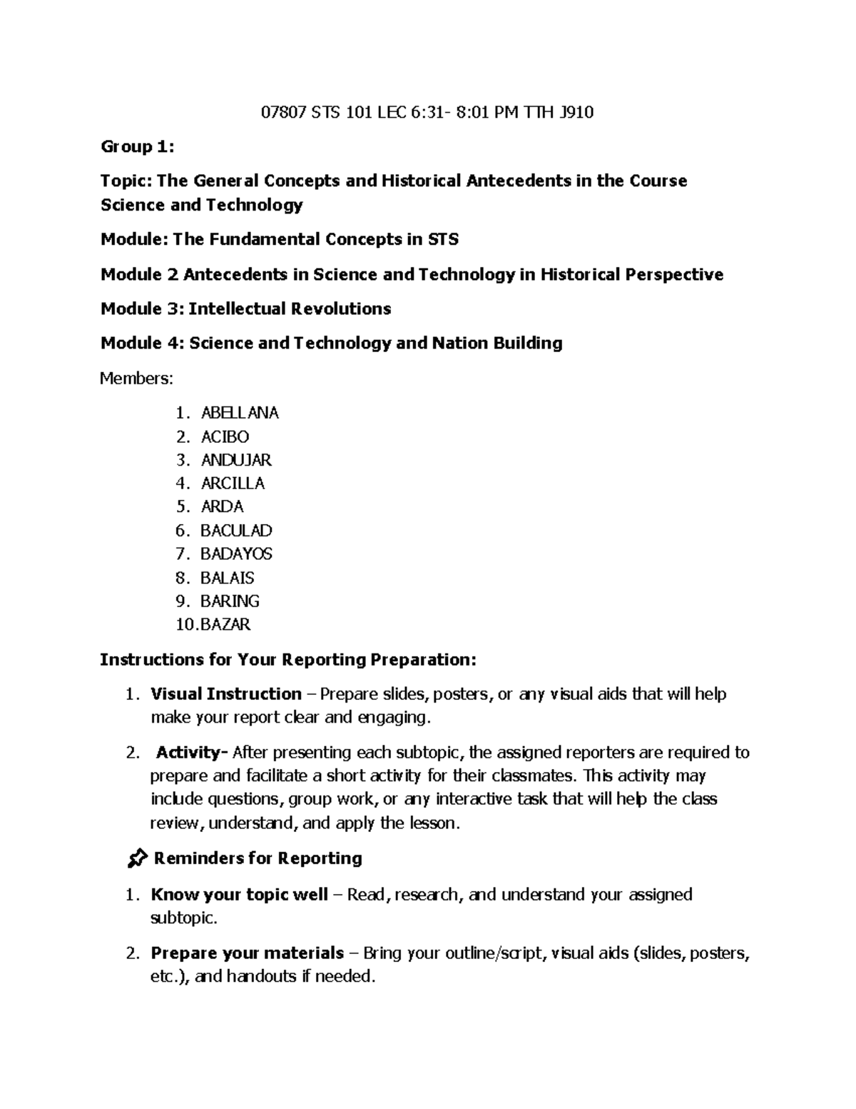 07807 STS 101 LEC 6: Group Report on Science & Technology Concepts ...