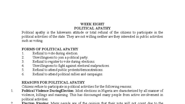 WEEK 8: Understanding Political Apathy and Its Implications - Studocu