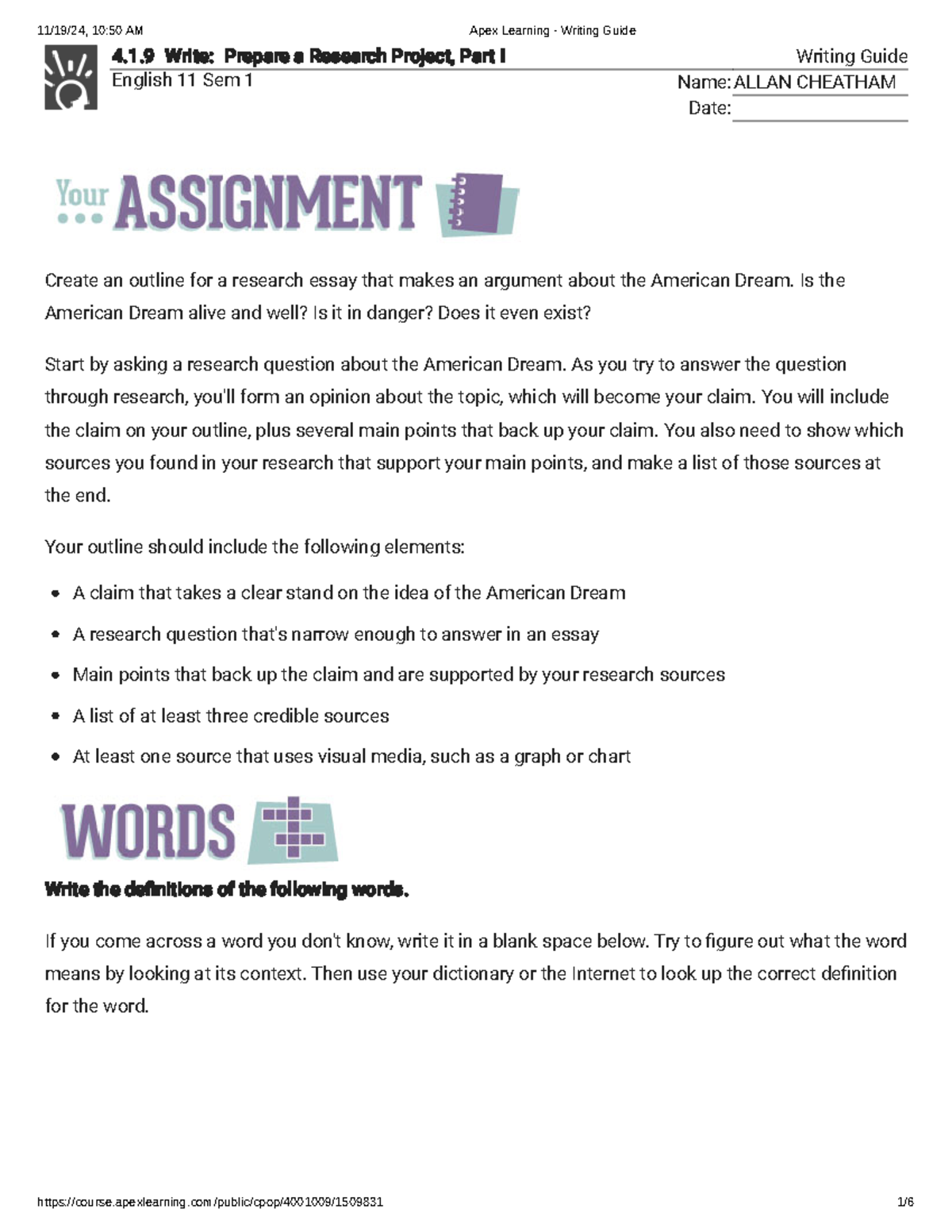 English 11 Sem 1 - Research Project Writing Guide on the American Dream ...