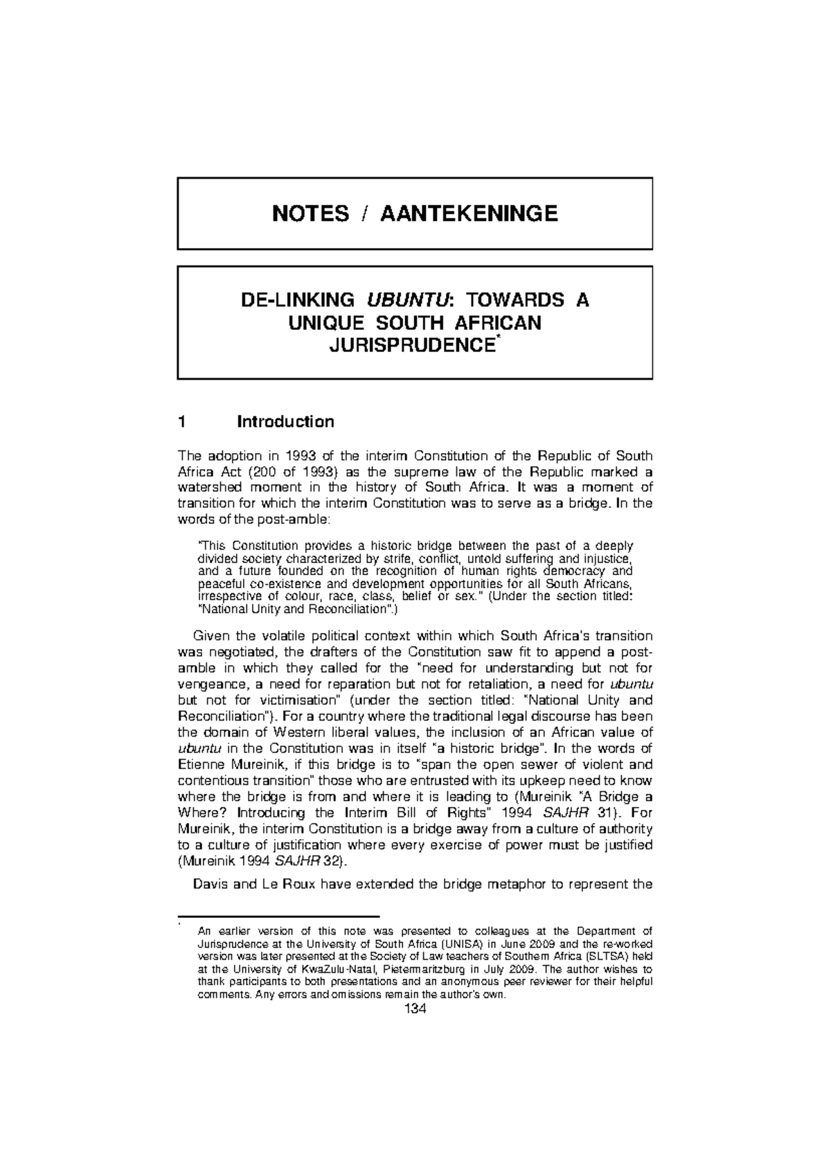 AANTEKENINGE: DELINKING UBUNTU IN SOUTH AFRICAN LEGAL DISCOURSE - Studocu