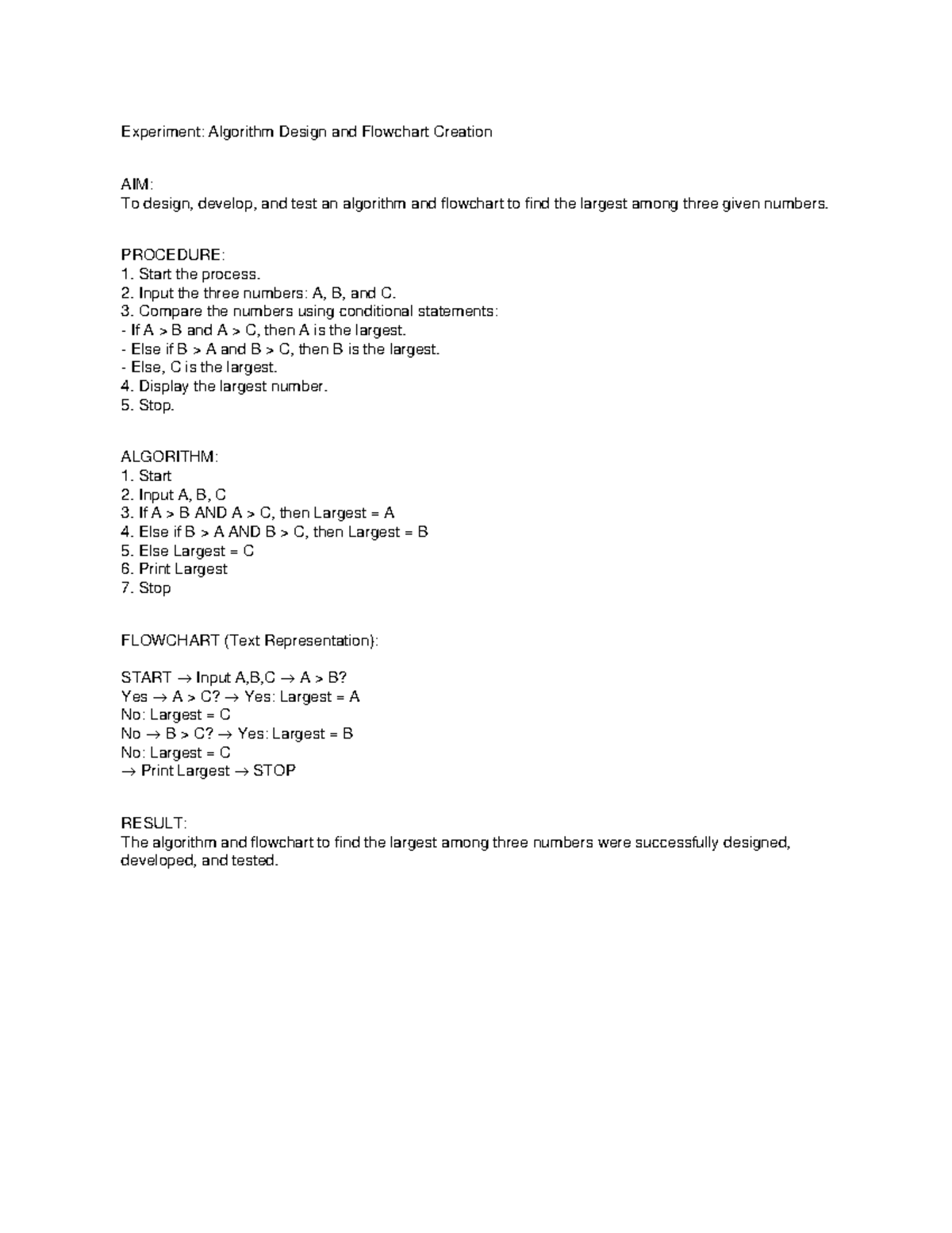 Algorithm Flowchart Experiment: Finding the Largest of Three Numbers ...