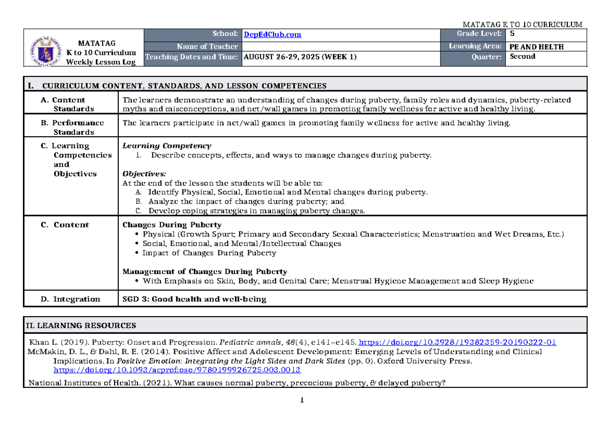 DLL Matatag PE & Health 5 Q2 W1: Understanding Puberty Changes - Studocu