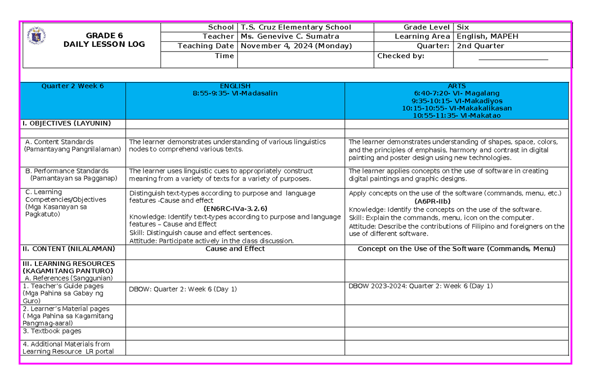 DLL Q2 - Week 6 - English & MAPEH Lessons for Grade 6 - Studocu