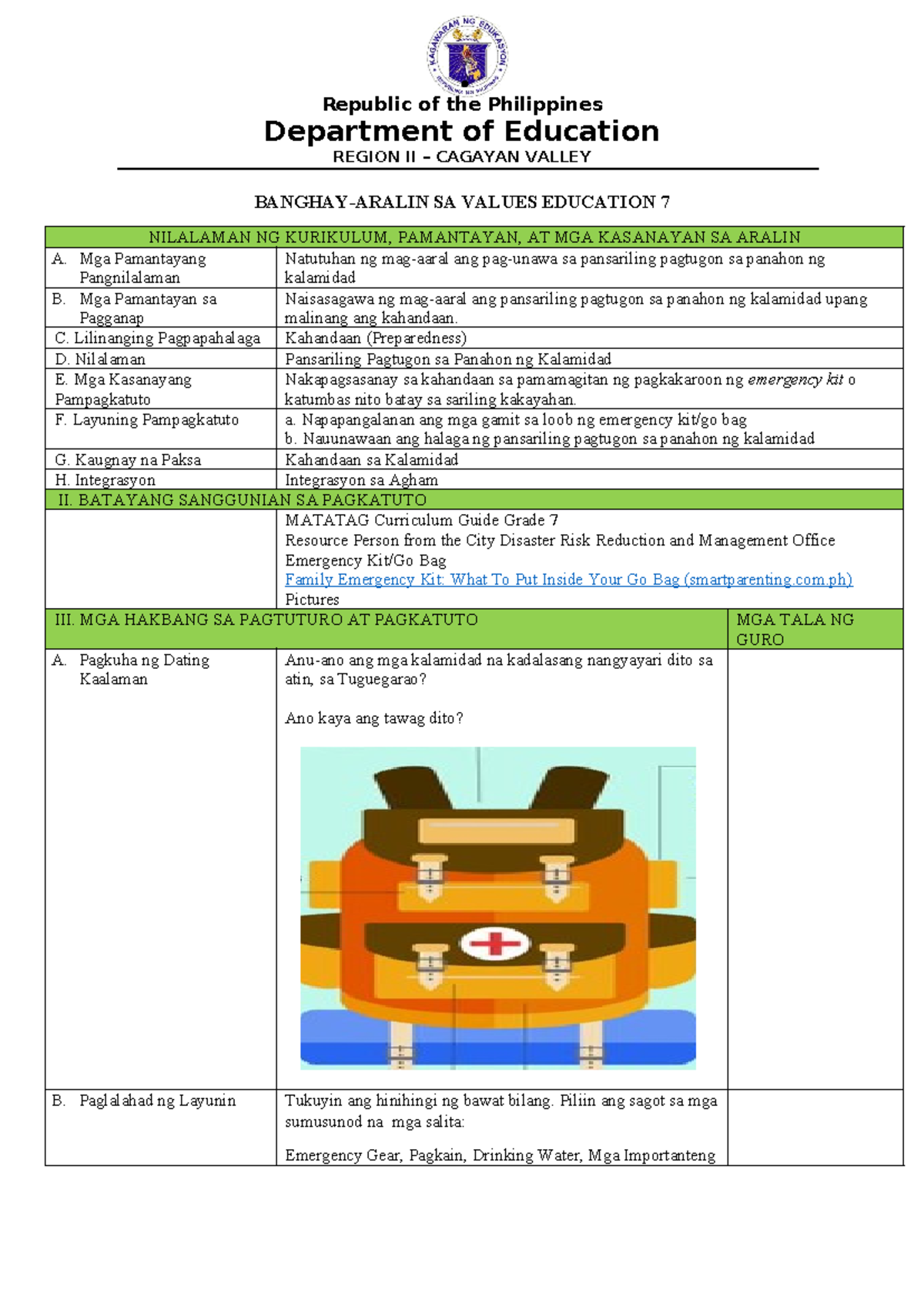 Banghay Aralin: Values Education 7 Sa Paghahanda sa Kalamidad - Studocu