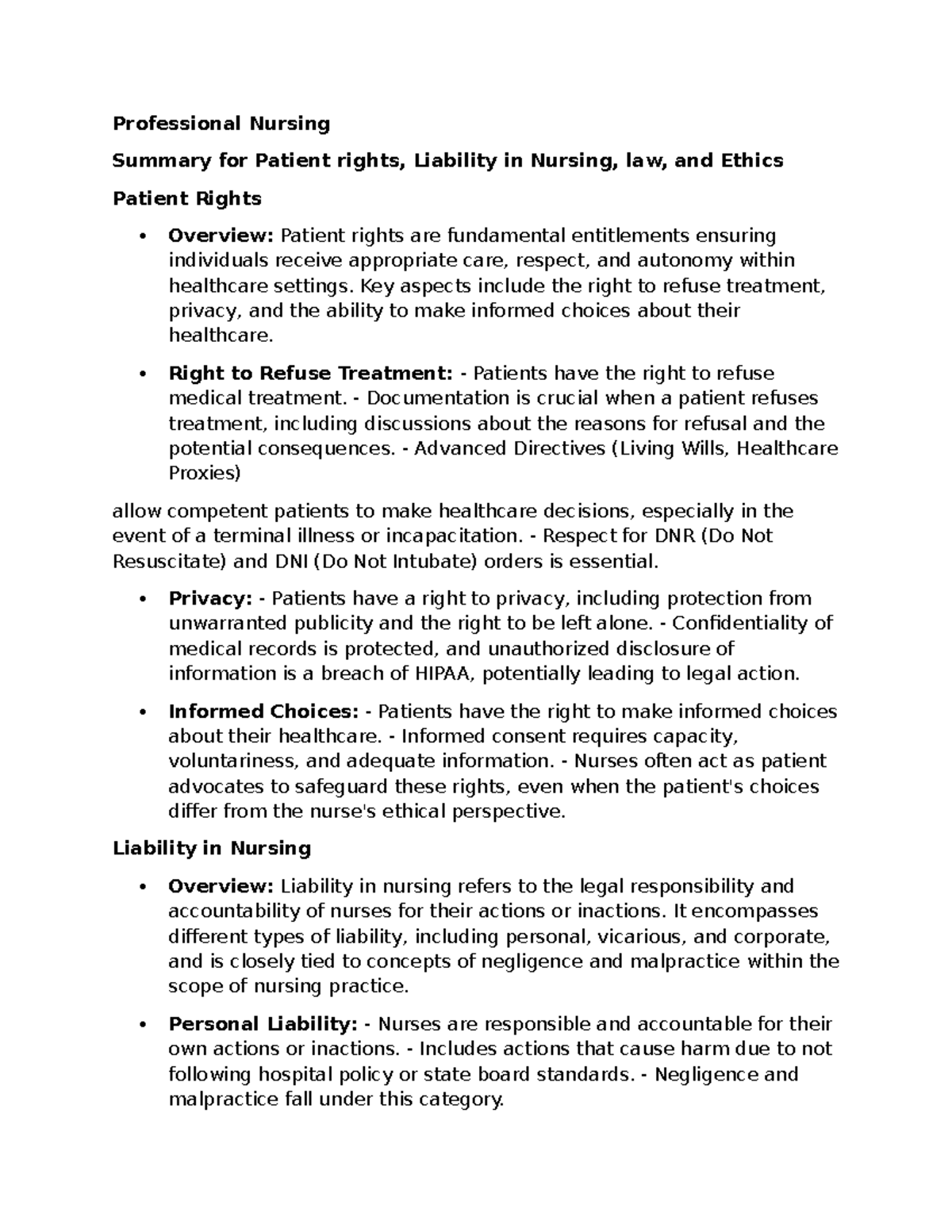 NUR 301: Law and Ethics in Nursing - Patient Rights & Liability Summary ...