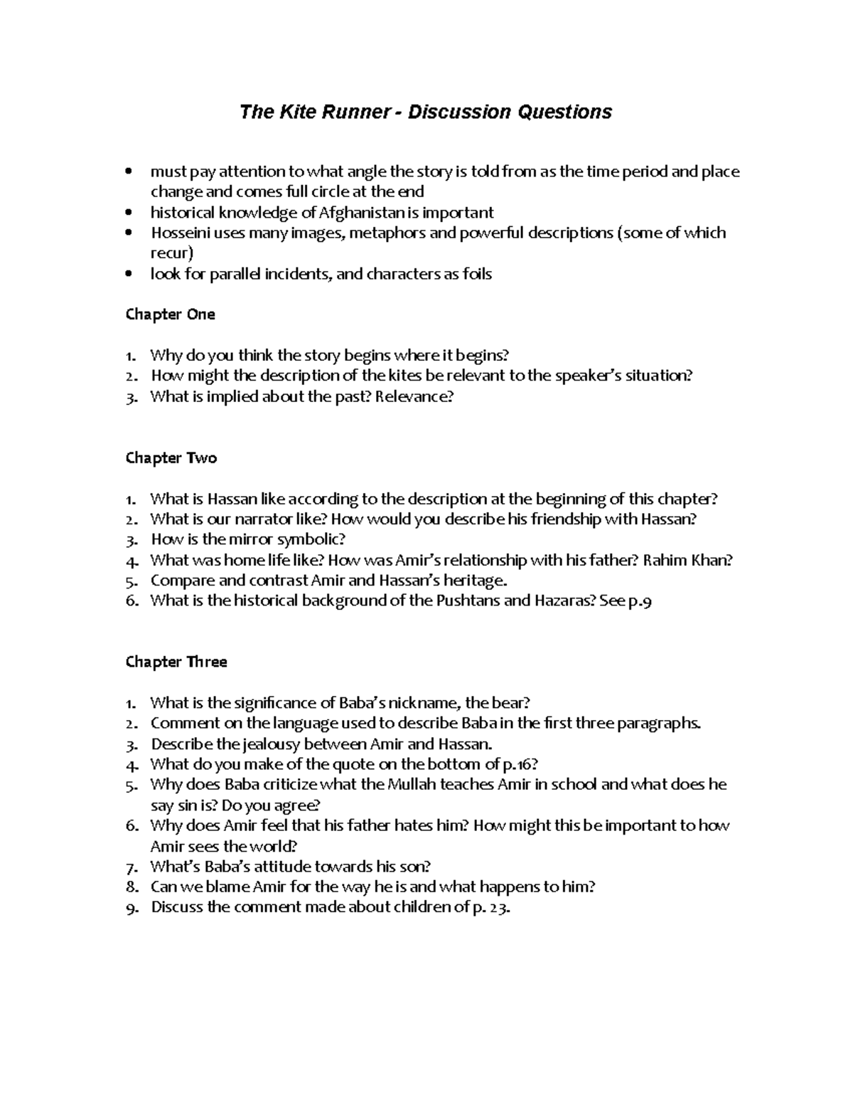 LIT1015 - Discussion Questions for The Kite Runner Analysis - Studocu