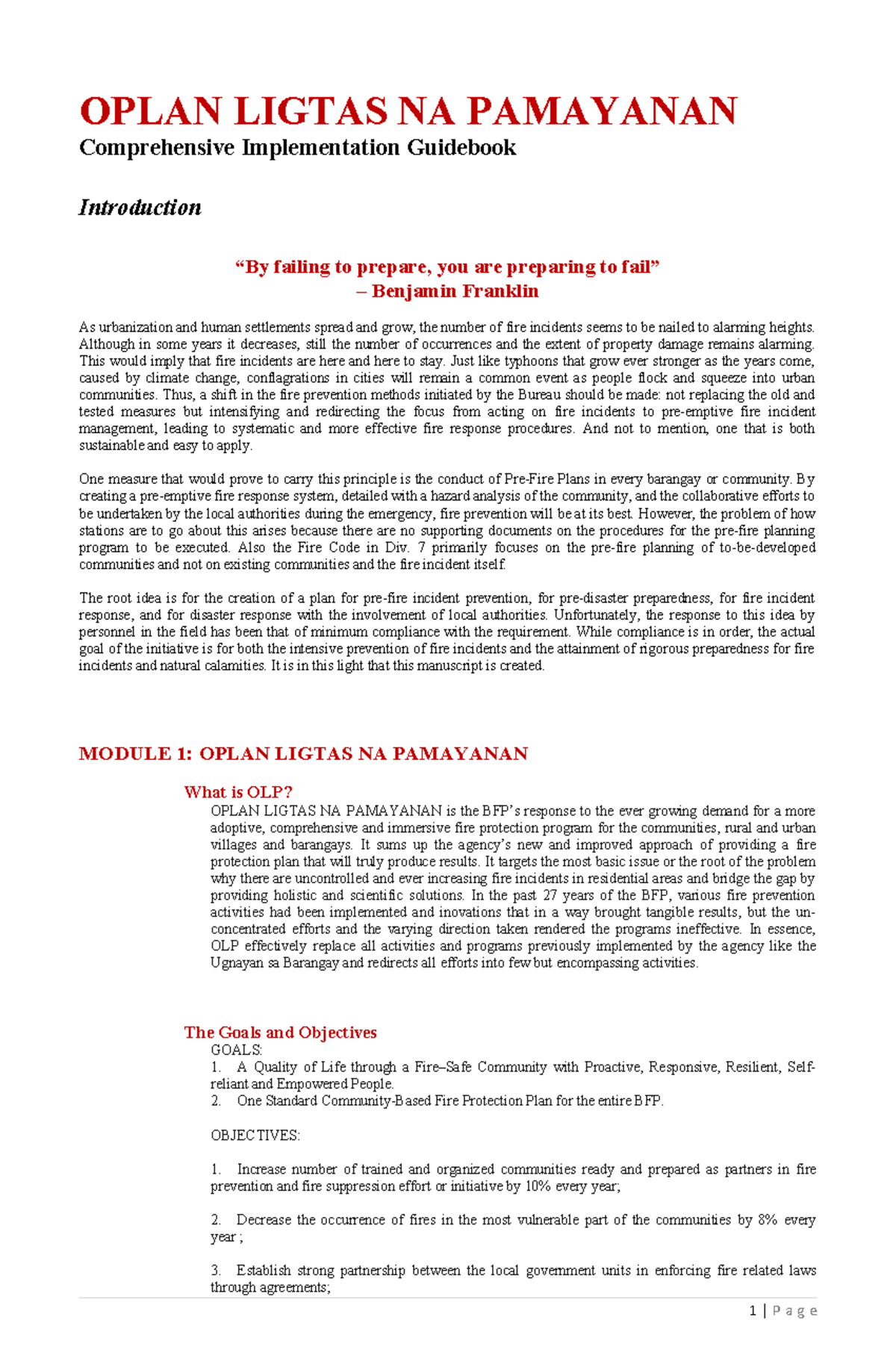 OPLAN LIGTAS NA PAMAYANAN: Comprehensive Fire Protection Guide - Studocu