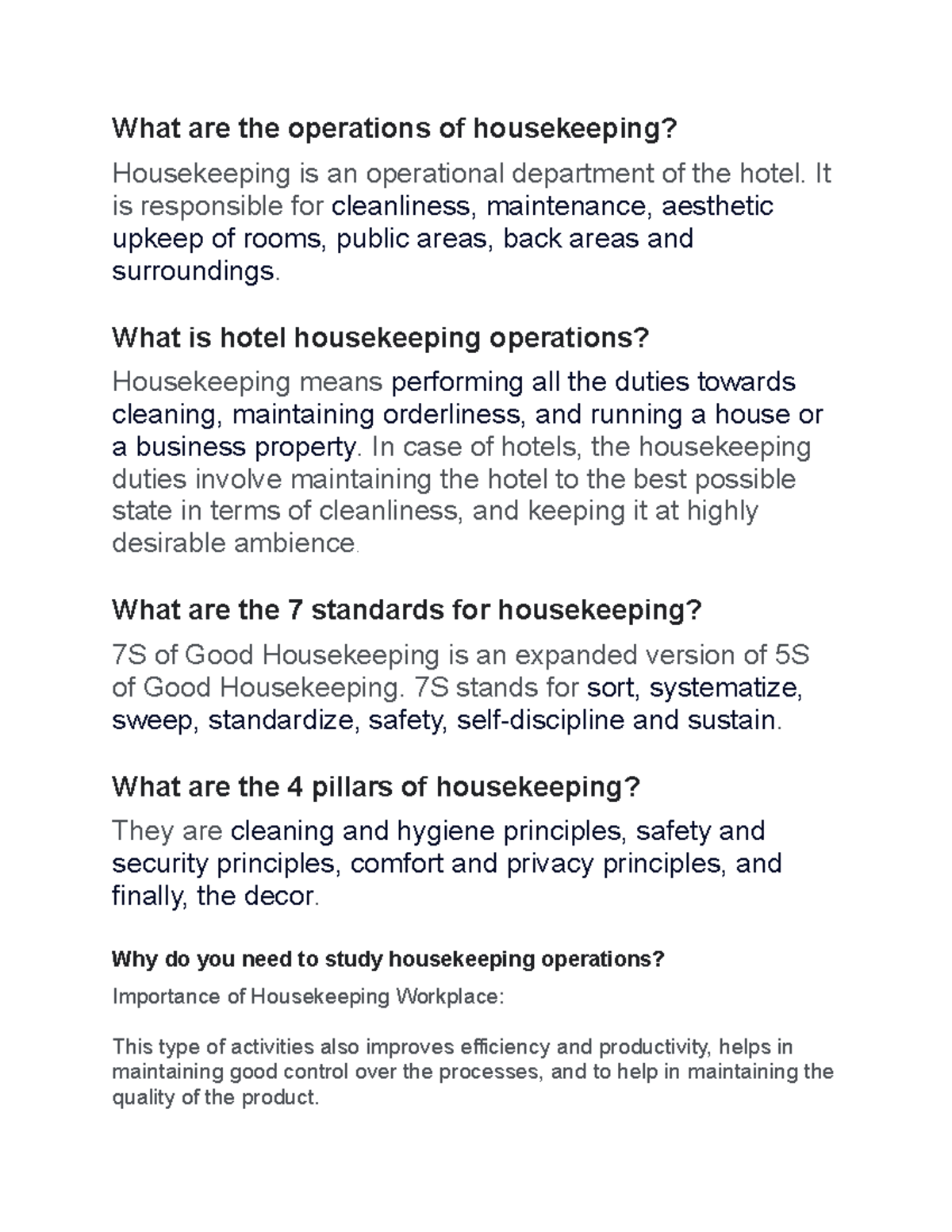 What are the operations of housekeeping - What are the operations of ...