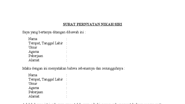 SURAT PERNYATAN NIKAH SIRI - Contoh dan Format Resmi - Studocu