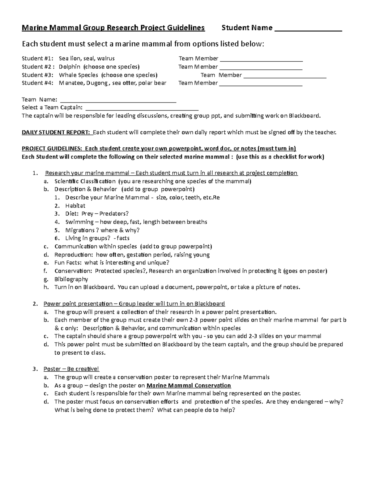 Marine Mammal Group Research Project 2023 - DAILY STUDENT REPORT: Each ...
