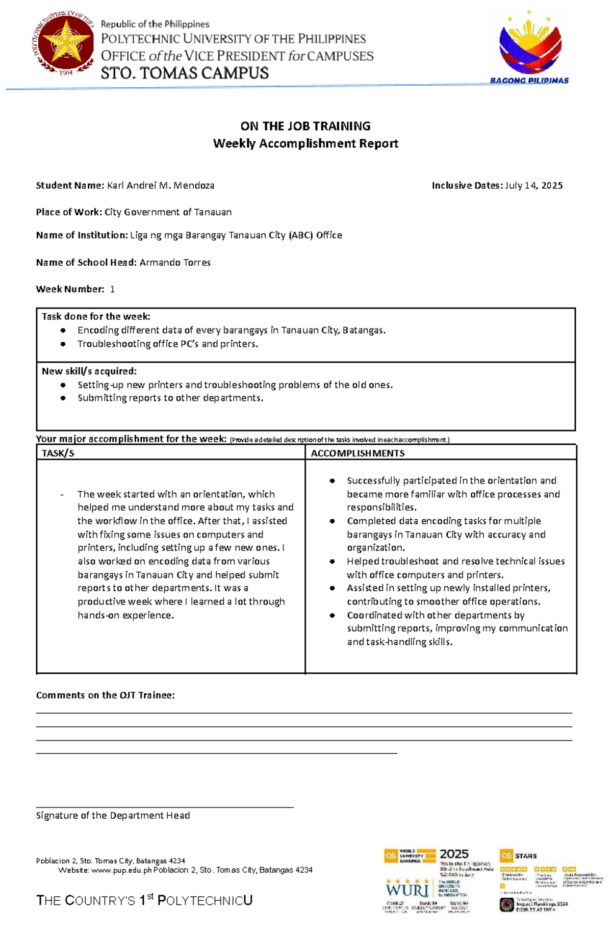 OJT Weekly Accomplishment Report - Week 1 (Karl Andrei M.) - Studocu