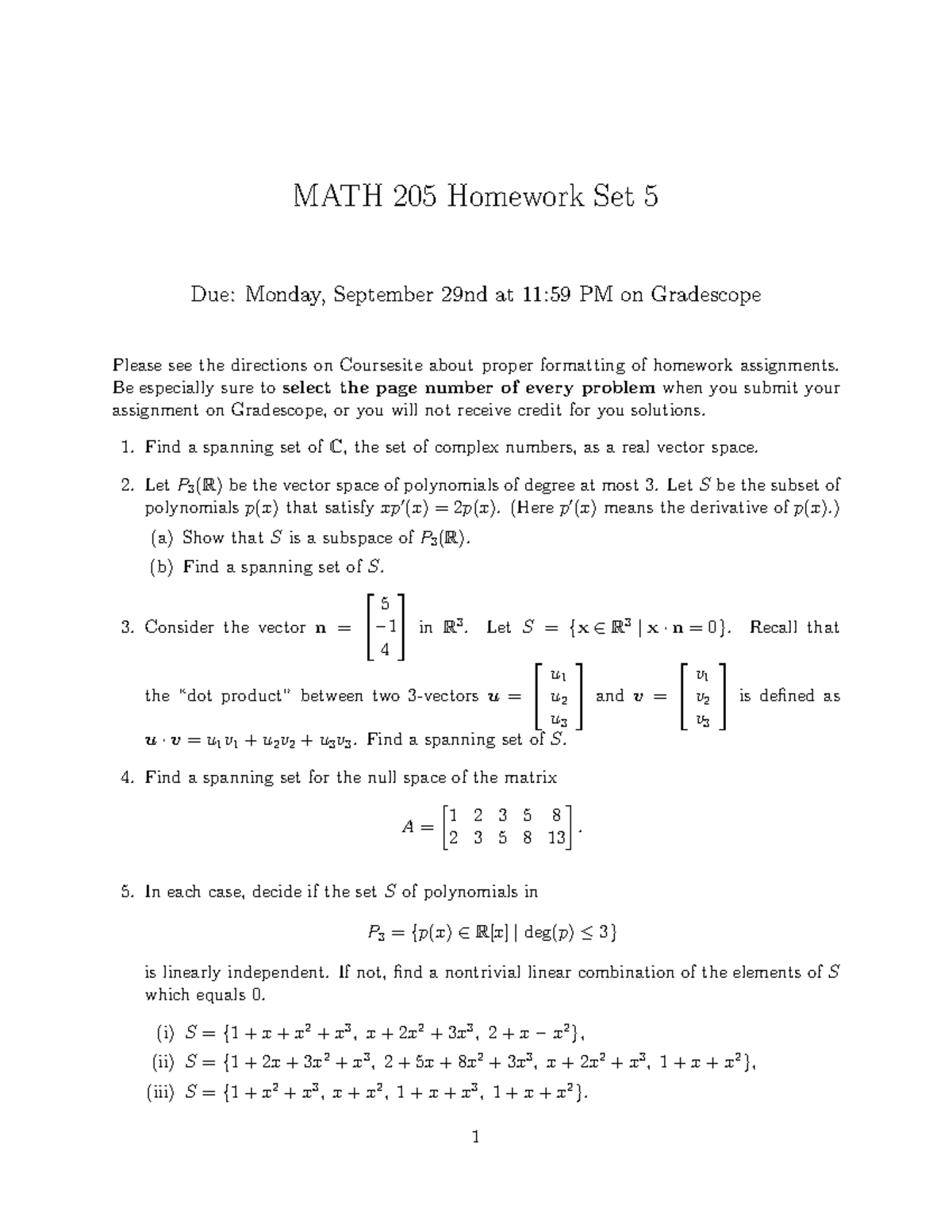 MATH 205 Homework Set 5 - Spanning Sets & Linear Independence - Studocu