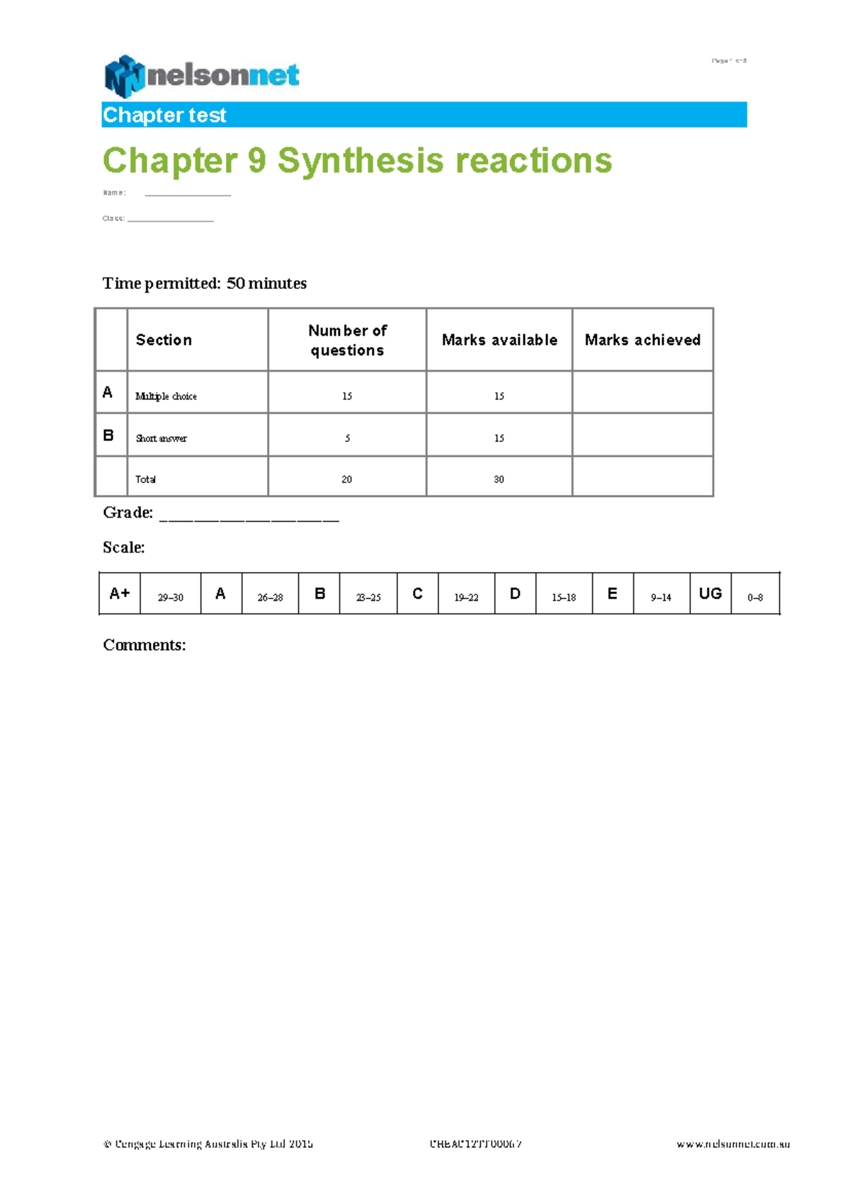 Yr 12 Chemistry Chapter 9 Test: Synthesis Reactions - Studocu