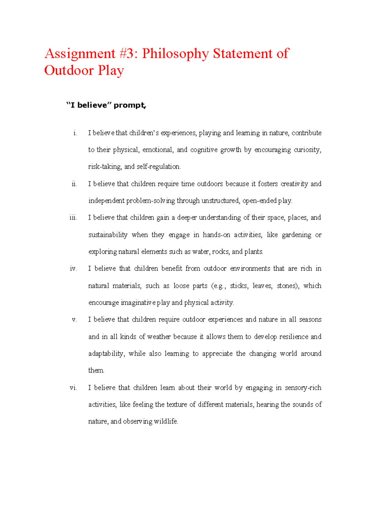 ECE 206 Assignment: Philosophy on Outdoor Play and Learning - Studocu