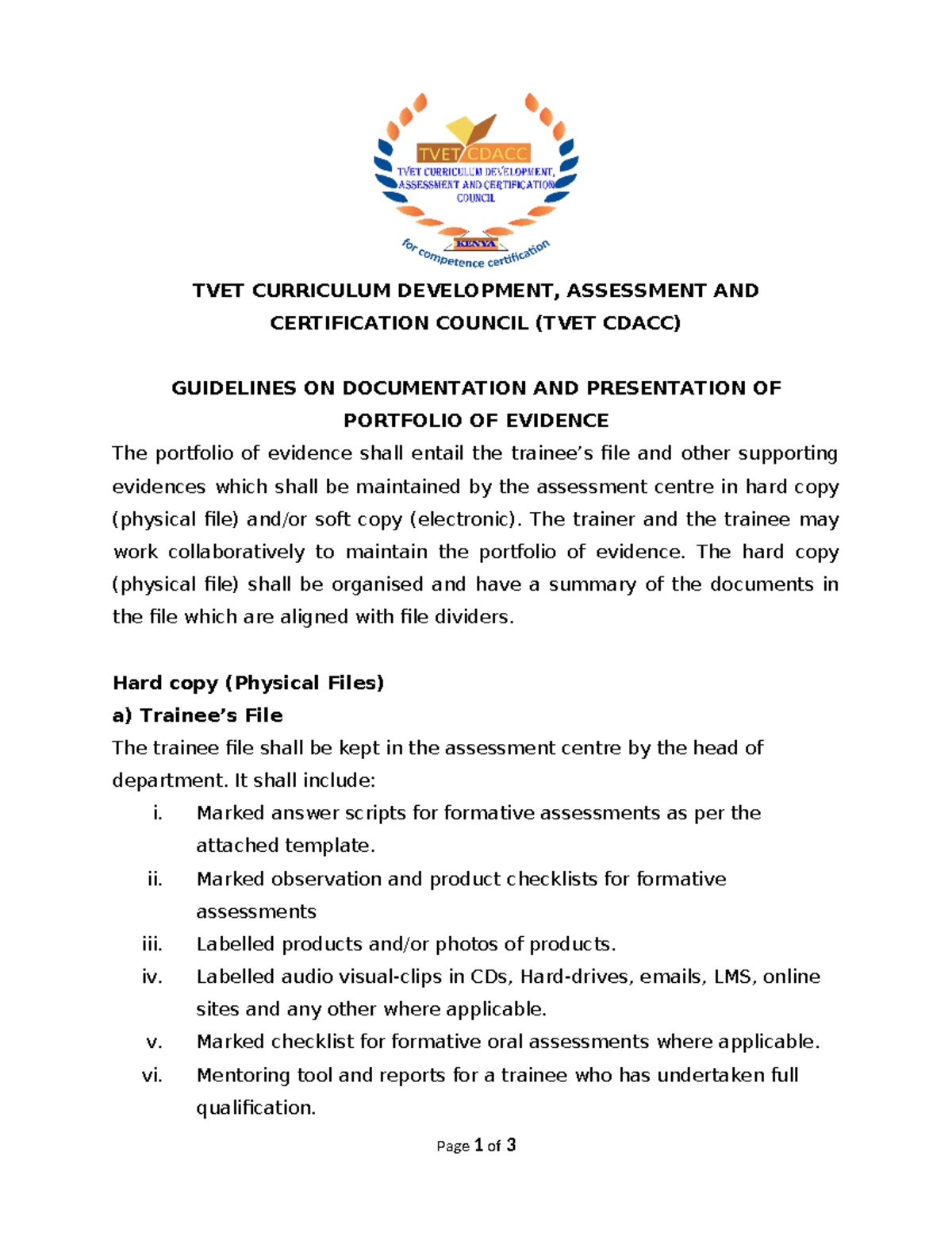Guidelines on Portfolio of Evidence (PoE) for TVET Assessment - Studocu