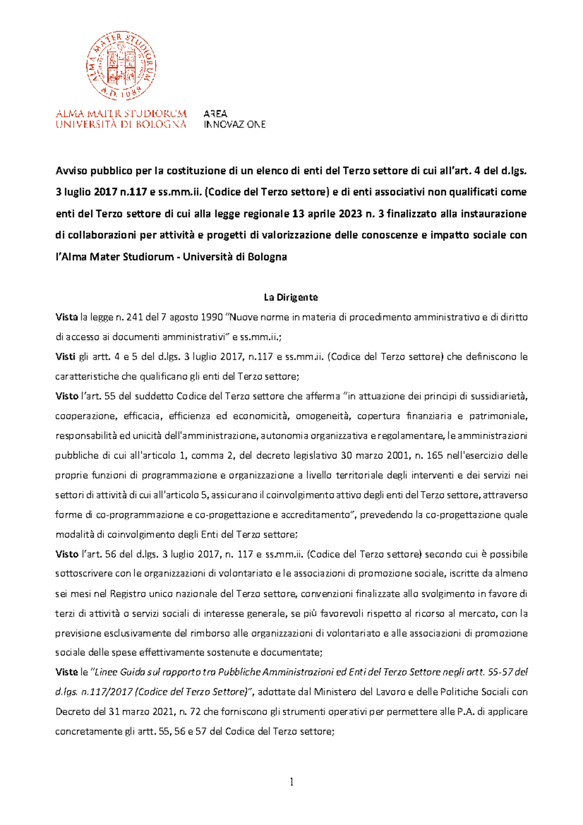 Avviso pubblico per la costituzione elenco enti ETS - Uni Bo - Studocu