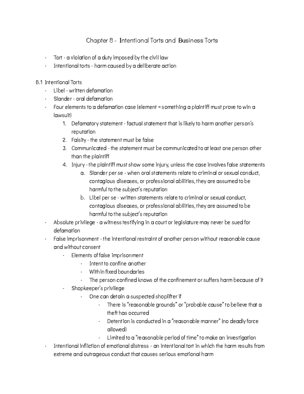 Chapter 8 Intentional Torts and Business Torts - Studocu