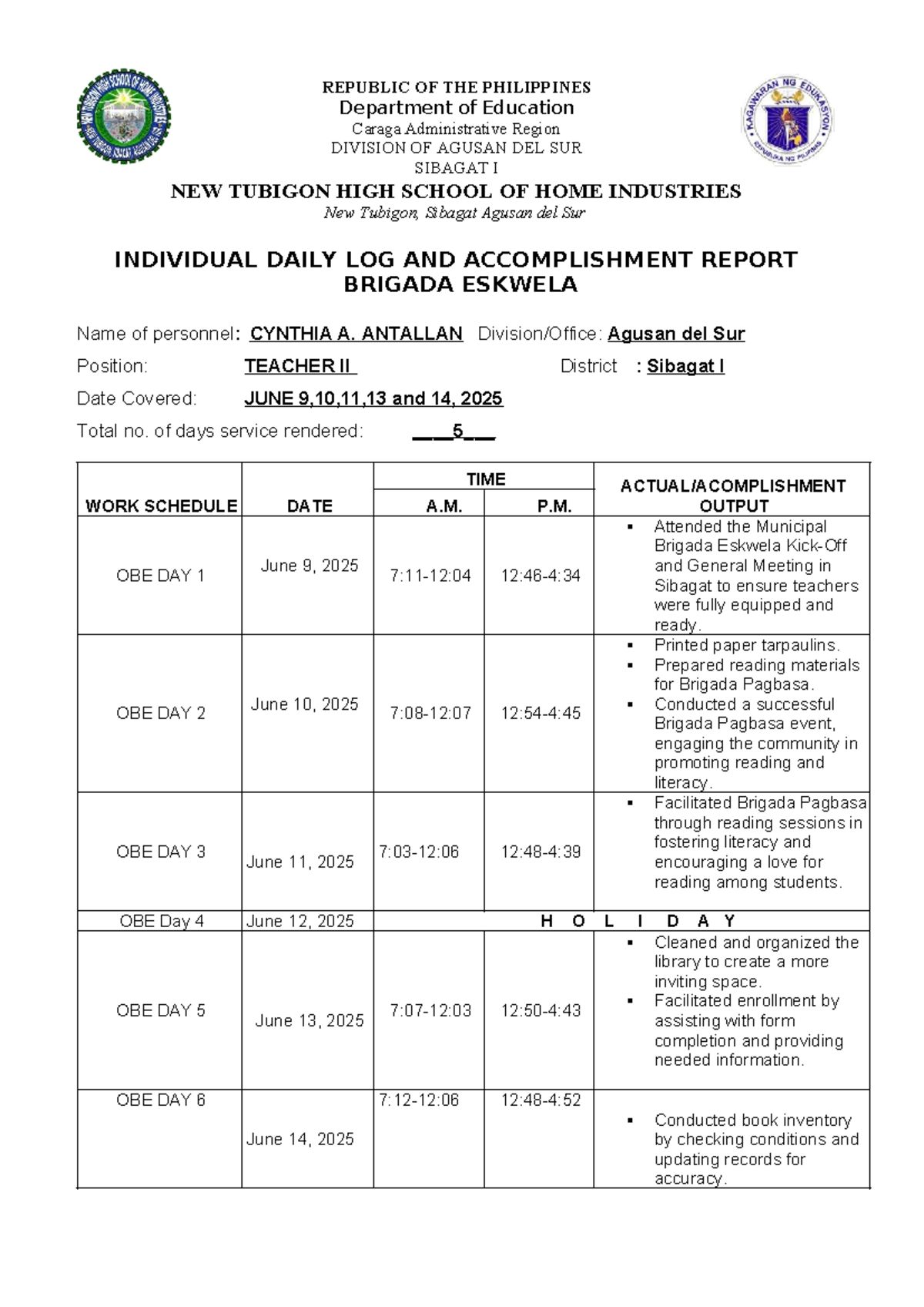 Brigada Eskwela Daily Log & Accomplishment Report 2025 - Studocu