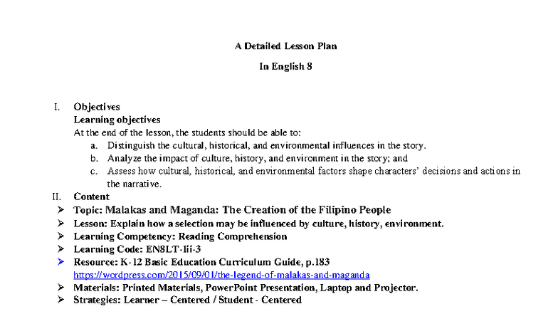 A Detailed Lesson Plan - DLL - A Detailed Lesson Plan In English 8 I ...