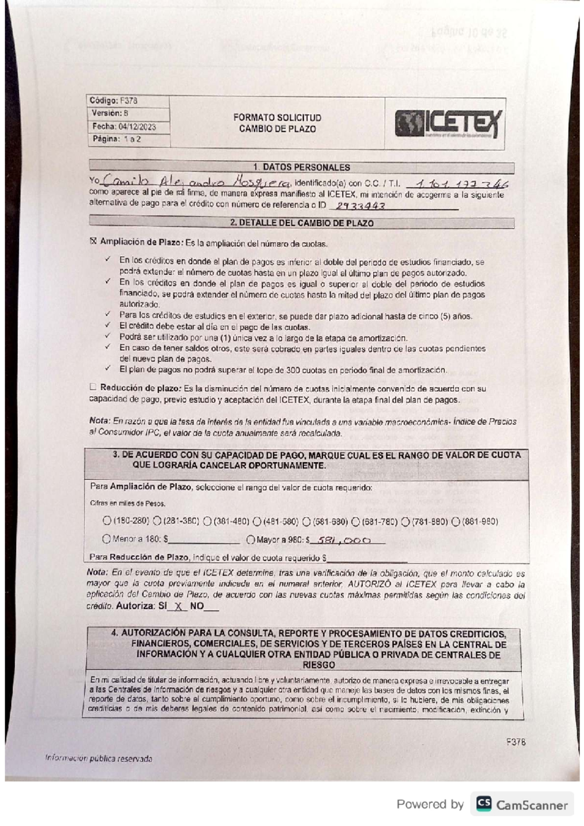 Solicitud de Cambio de Plazo - ICETEX F378 - Studocu