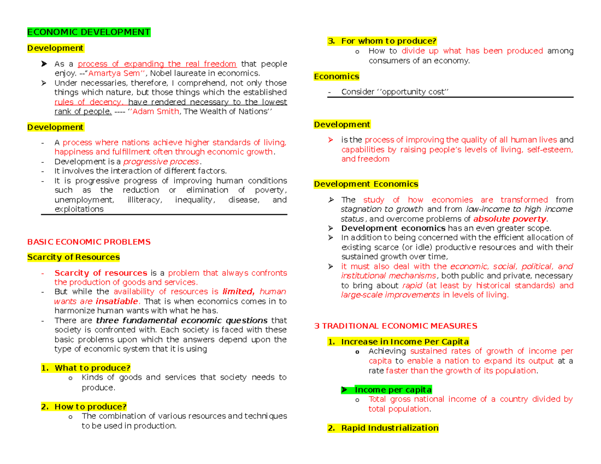 Econdev- Midterms - notes - ECONOMIC DEVELOPMENT Development As a ...