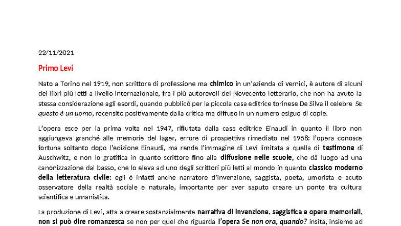 Letteratura, Lezione 11: Analisi di Primo Levi e le sue Opere - Studocu