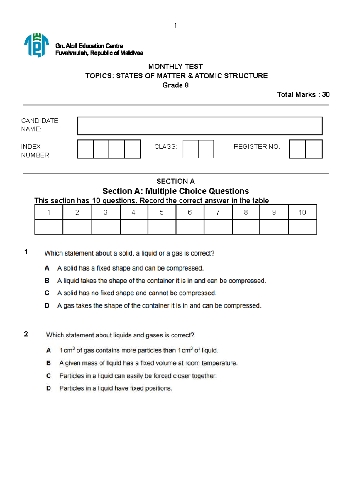 Monthly Test G8: States of Matter & Atomic Structure - Studocu