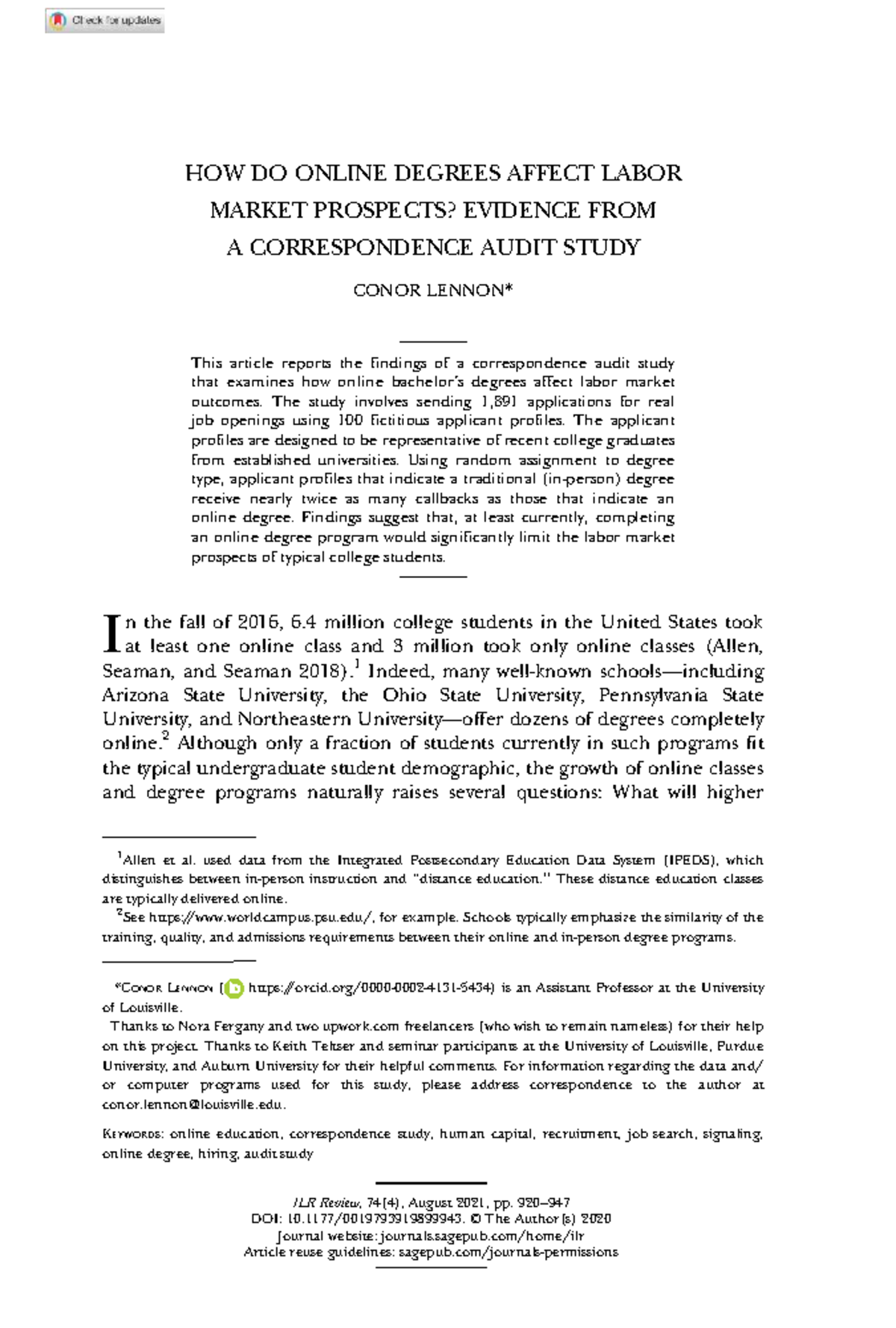 ILR Review - Online Degrees and Labor Market Outcomes: A Correspondence ...