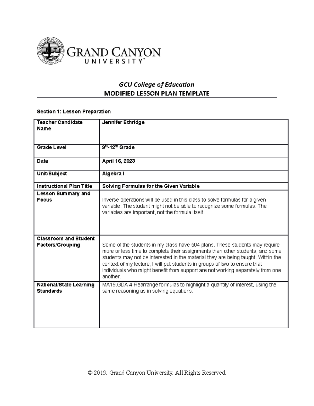 SEC-355-Modified COE Lesson Plan Template - GCU College of Education ...