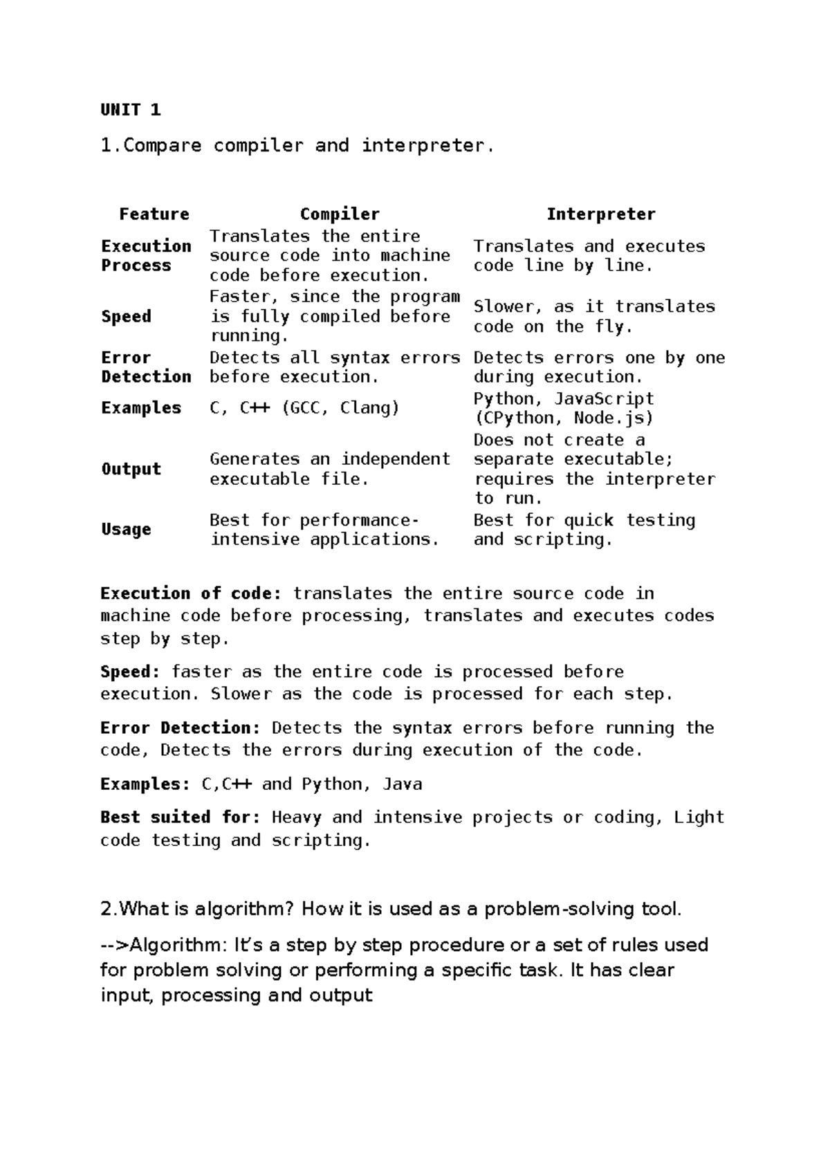 PPS 2024: Compiler vs Interpreter & Algorithm Fundamentals Notes - Studocu