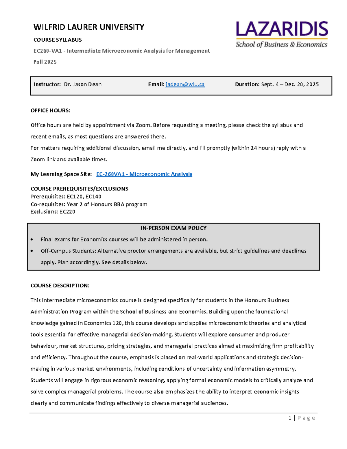 EC260 VC1 Syllabus: Intermediate Microeconomic Analysis for Management ...