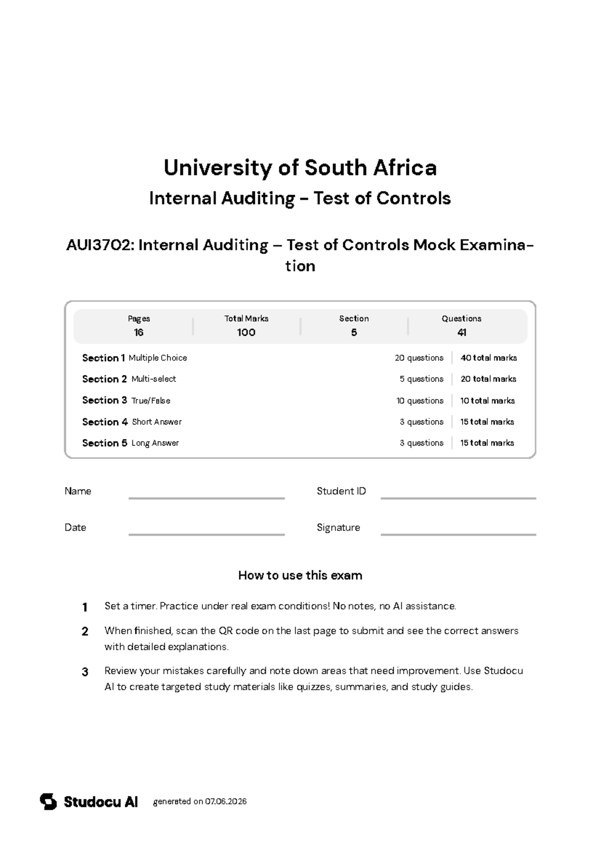 AUI3702: Internal Auditing – Test of Controls Mock Exam - Studocu